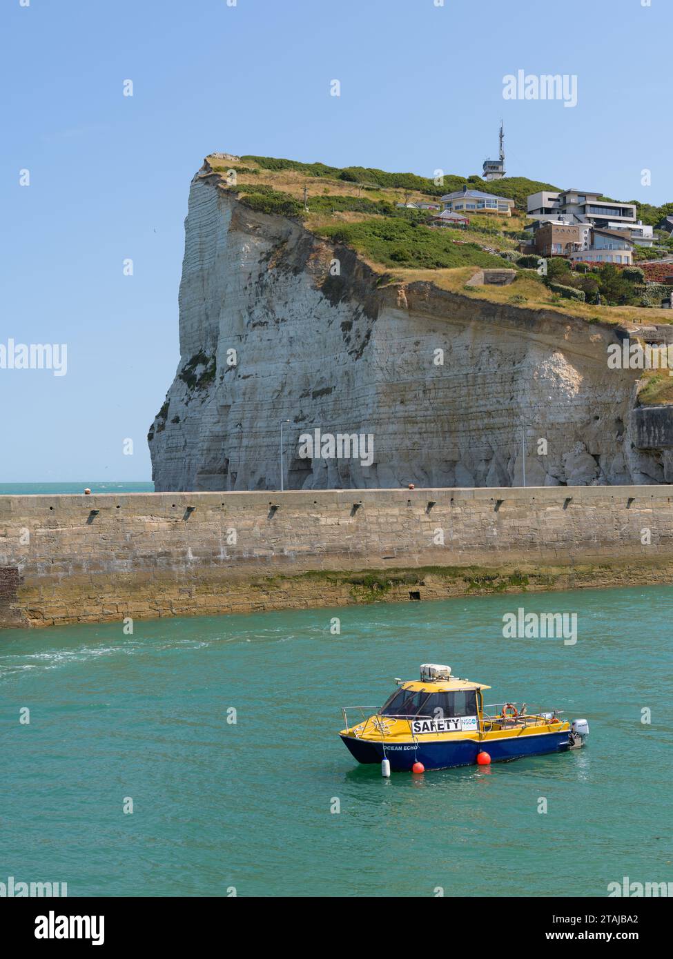 Fecamp, France - July 17, 2022: A small boat at the entrance of the ...