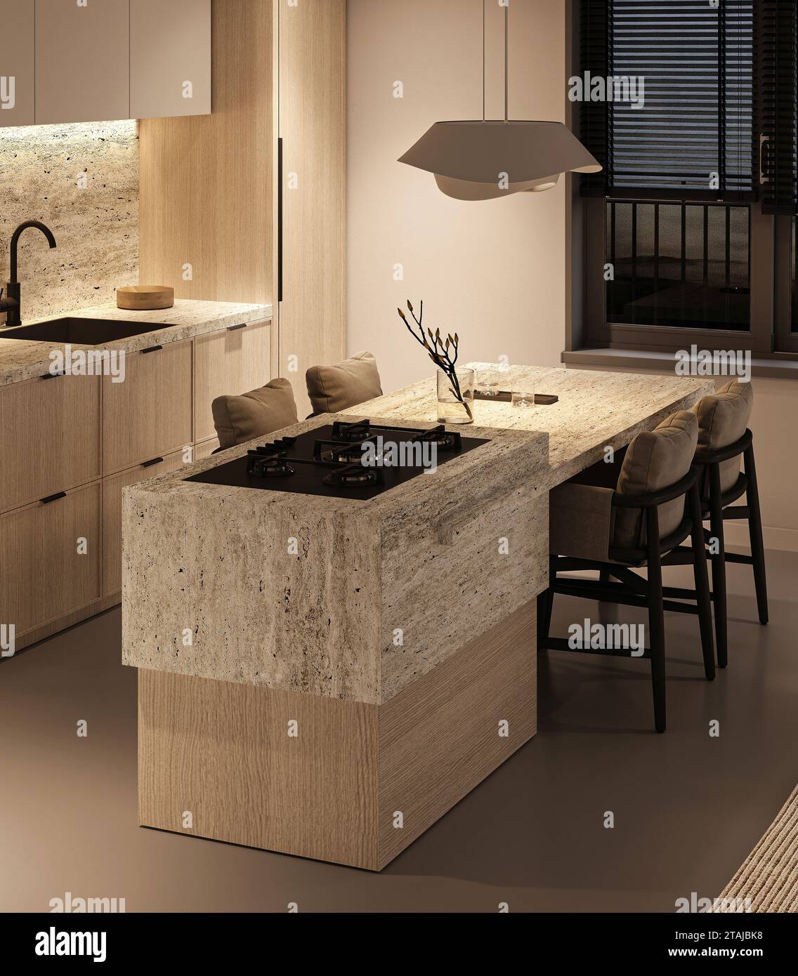 Chic kitchen with stone countertops and modern pendant lighting 3d ...