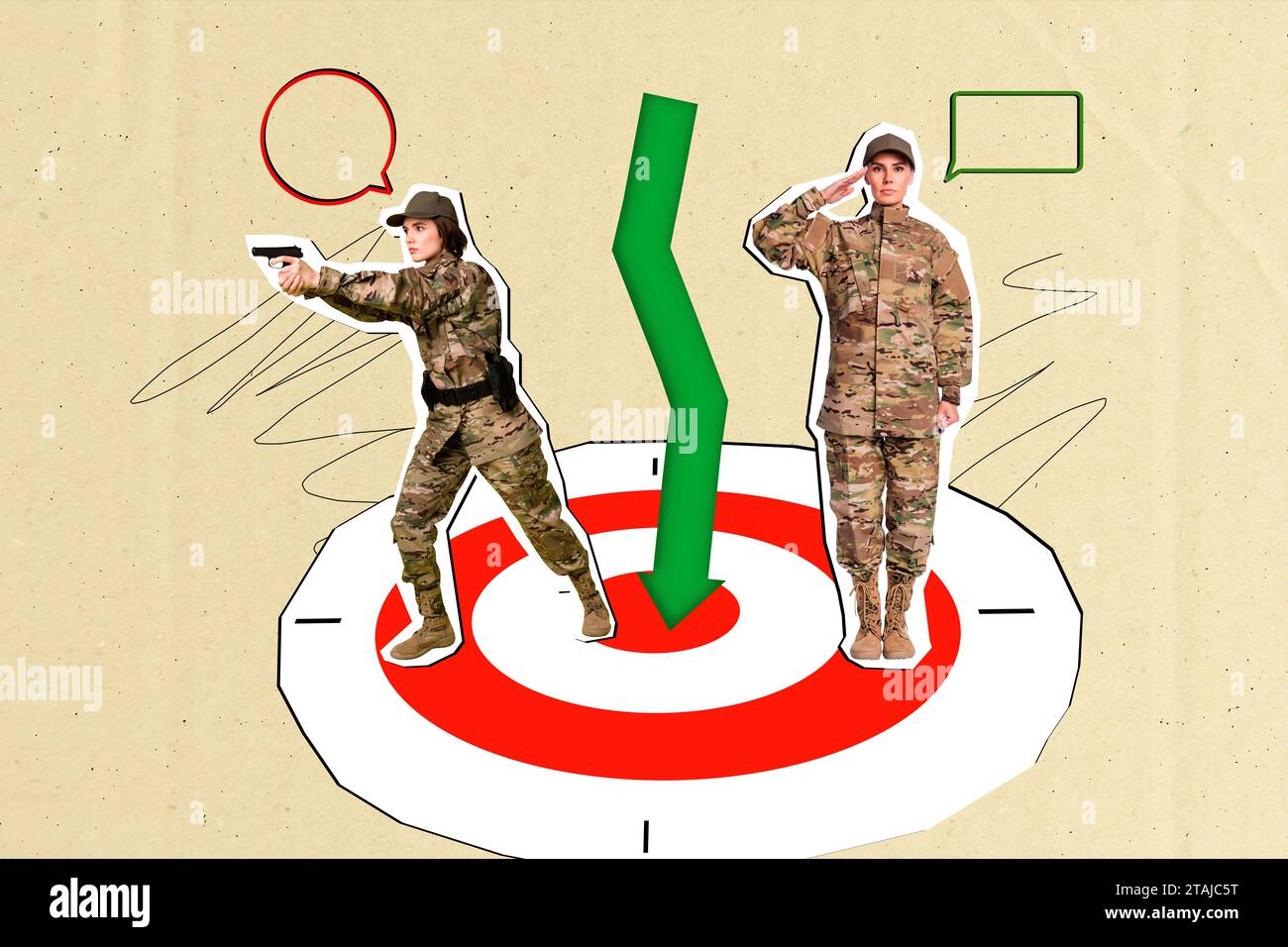 Photo of two military girls aim gun saluting arrow pointer darts board ...