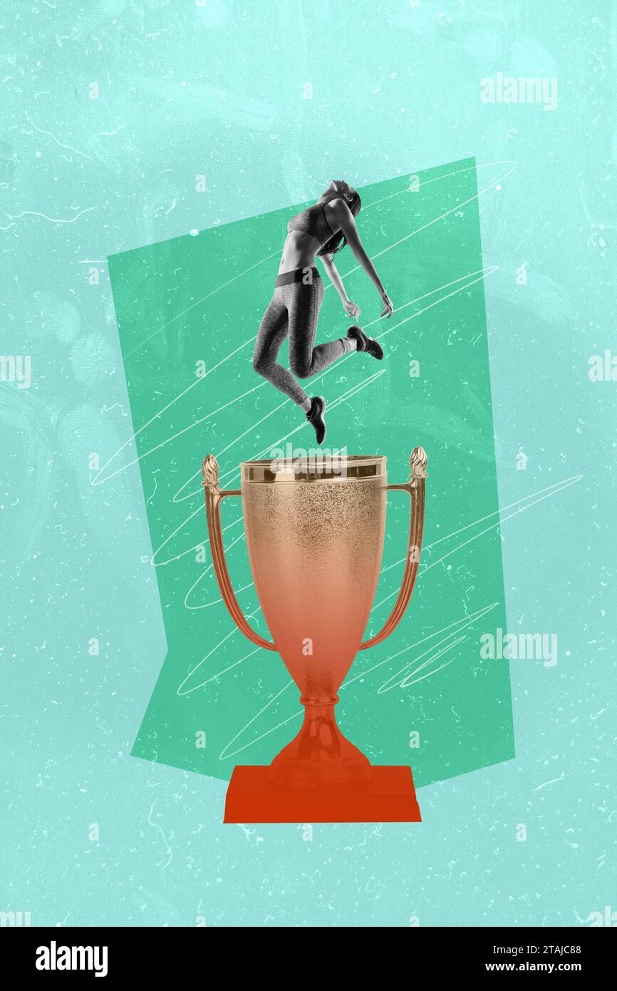 Vertical photo collage of fit sport woman female fly over giant golden ...