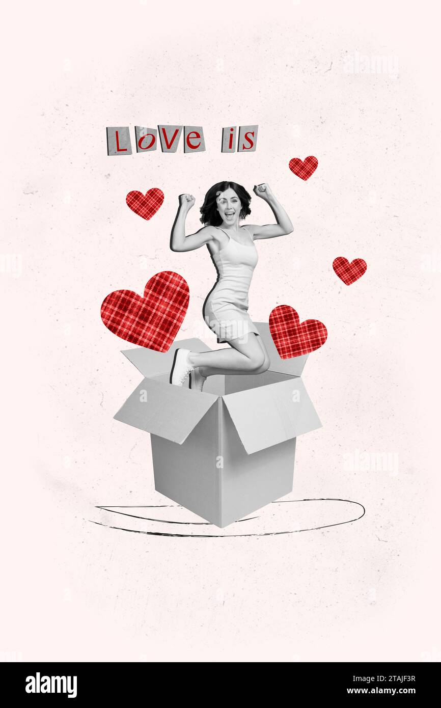 Composite collage picture image of funny female jump carton box ...