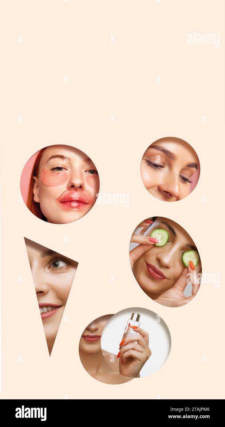 Set made of cropped in shape of geometrical figures portraits of ...