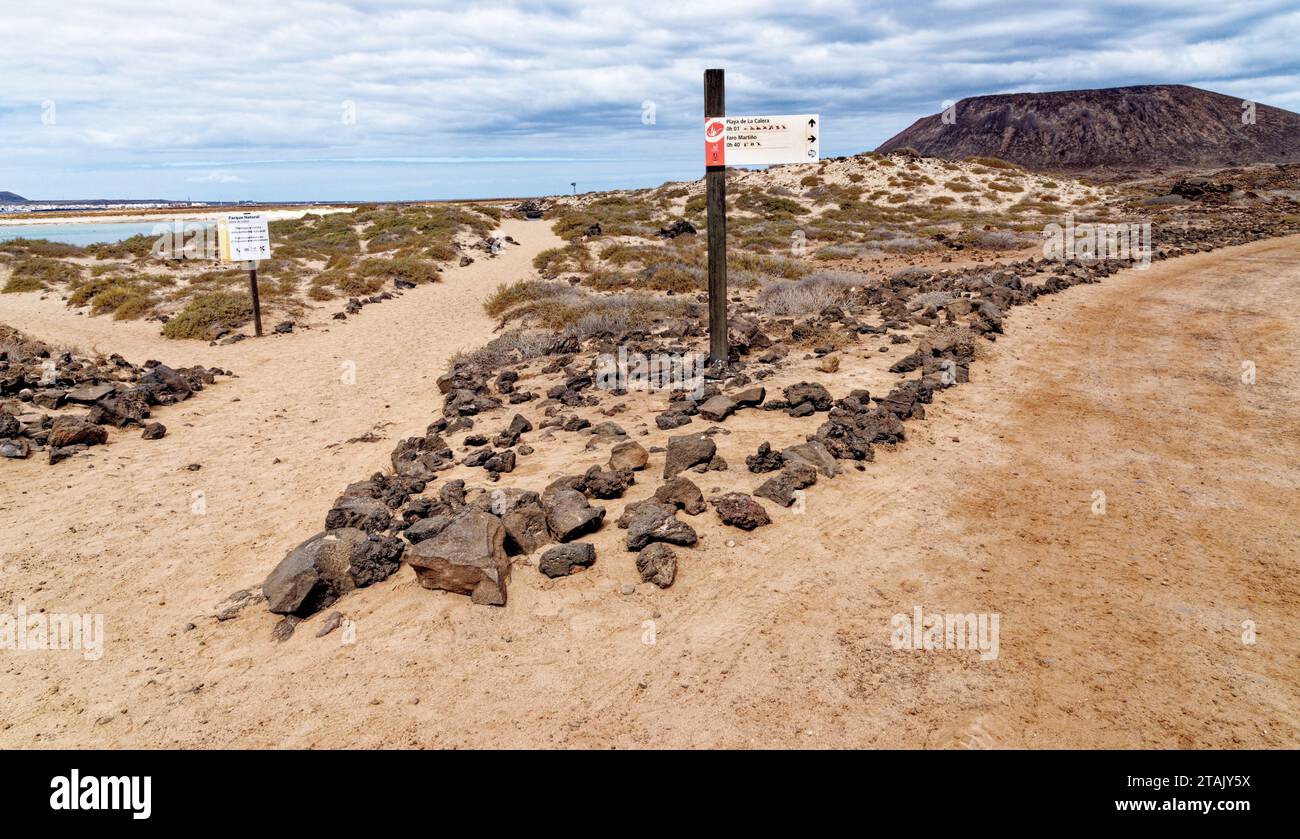 Road through the typical moon like volcanic landscape of the Islote de ...