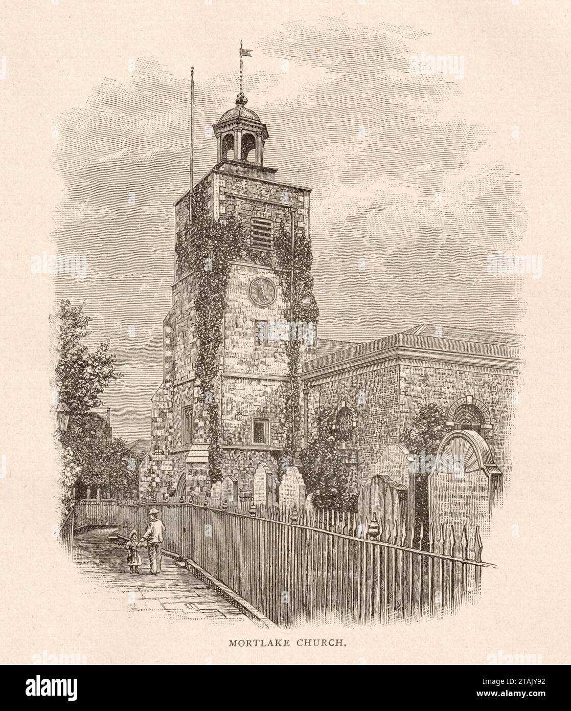 Engraving of Mortlake Church from the book: “Greater London, volume 2 ...