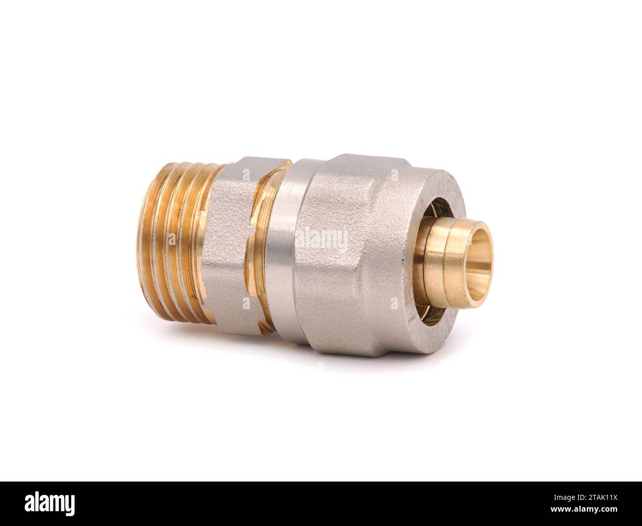 Fitting for PEX pipe isolated on white. Metal connector Stock Photo - Alamy