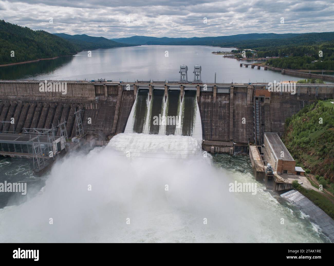 Aerial view of water discharge at hydroelectric power plant Stock Photo ...