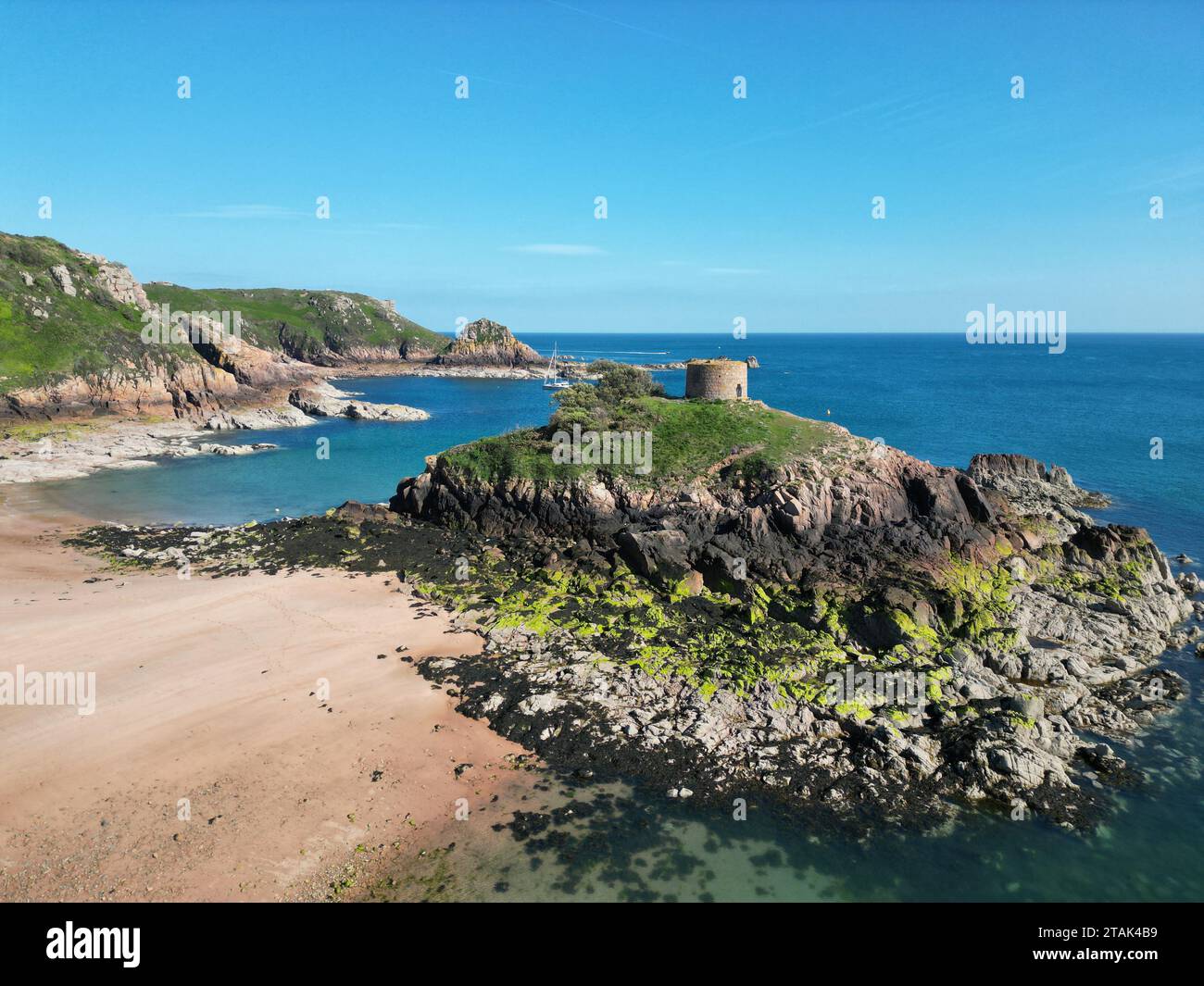 Portelet beach and old tower Jersey Channel Islands drone,aerial Stock ...