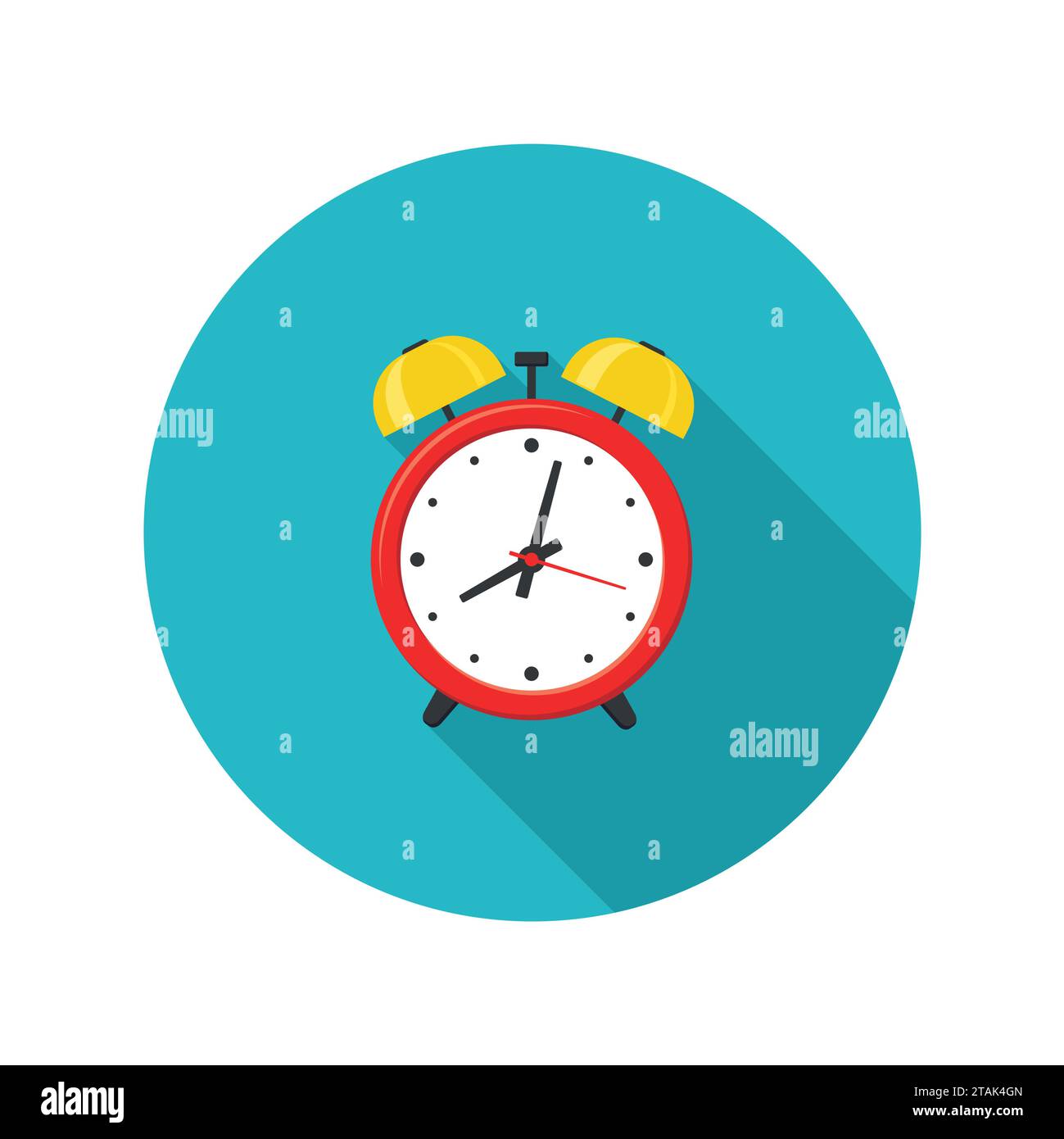 Alarm clock red icon with shadow isolated on white background in flat ...