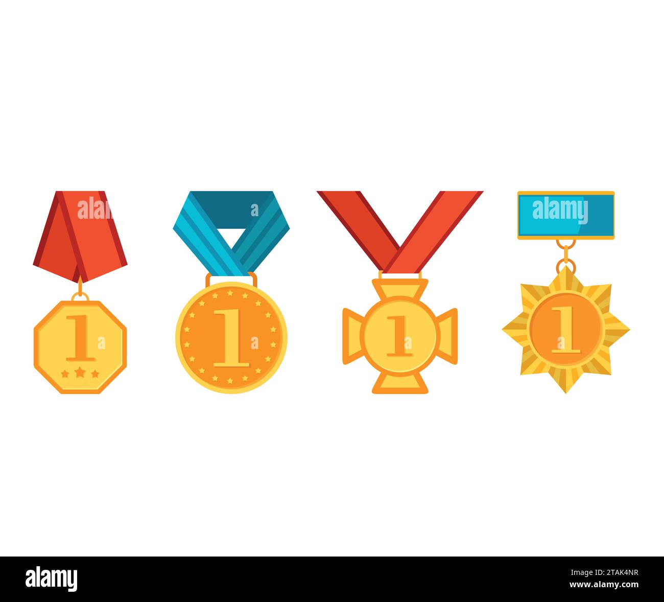 Winner medals with red and blue ribbons isolated on white background ...