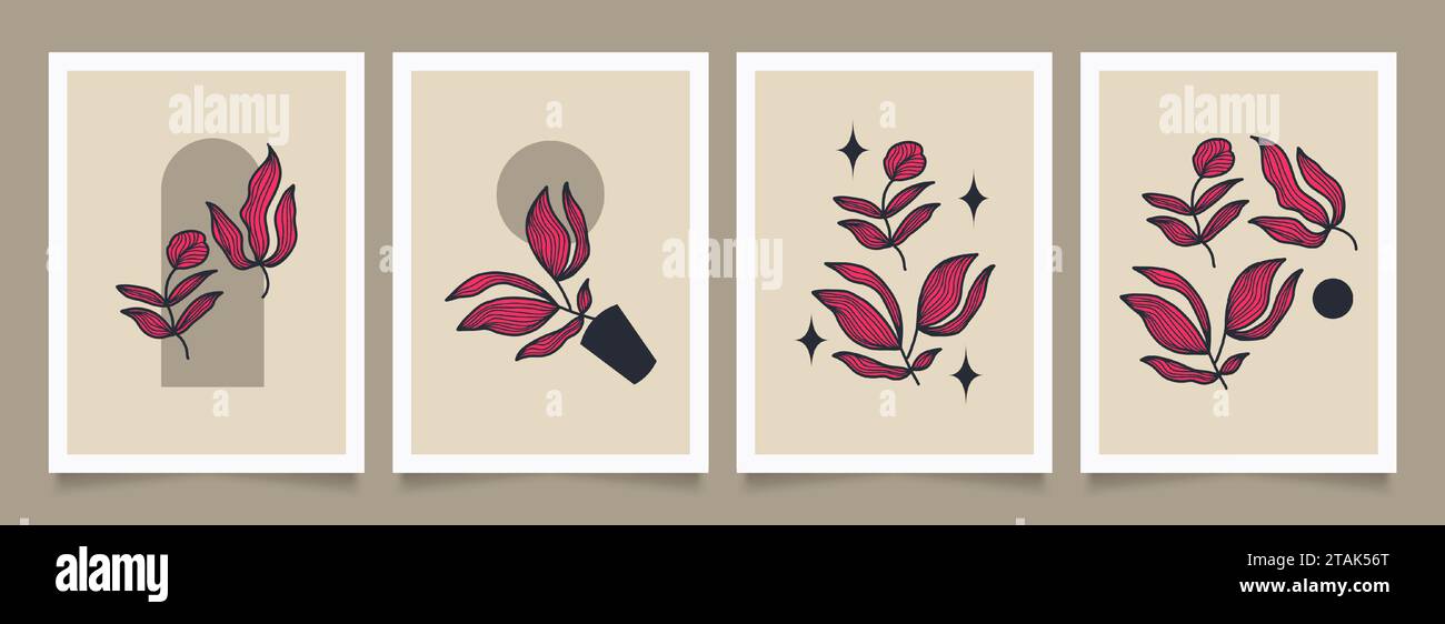 Set of Minimalist Poster with Hand Drawn Flowers. Floral Art Design for ...