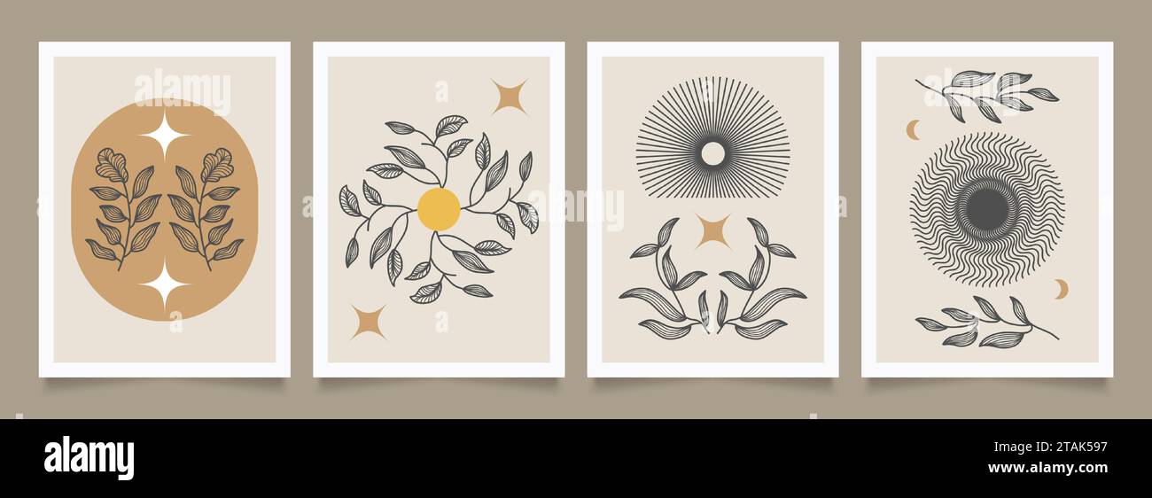 Set of Minimalist Poster with Hand Drawn Flowers. Floral Art Design for ...