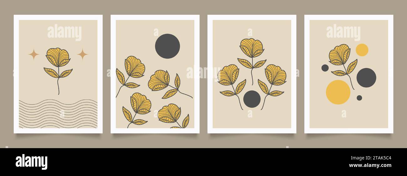 Set of Minimalist Poster with Hand Drawn Flowers. Floral Art Design for ...