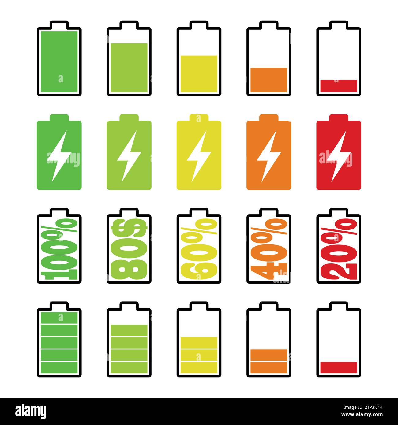 Set of battery charge level indicators on white background. Cell phone, smartphone electric ...