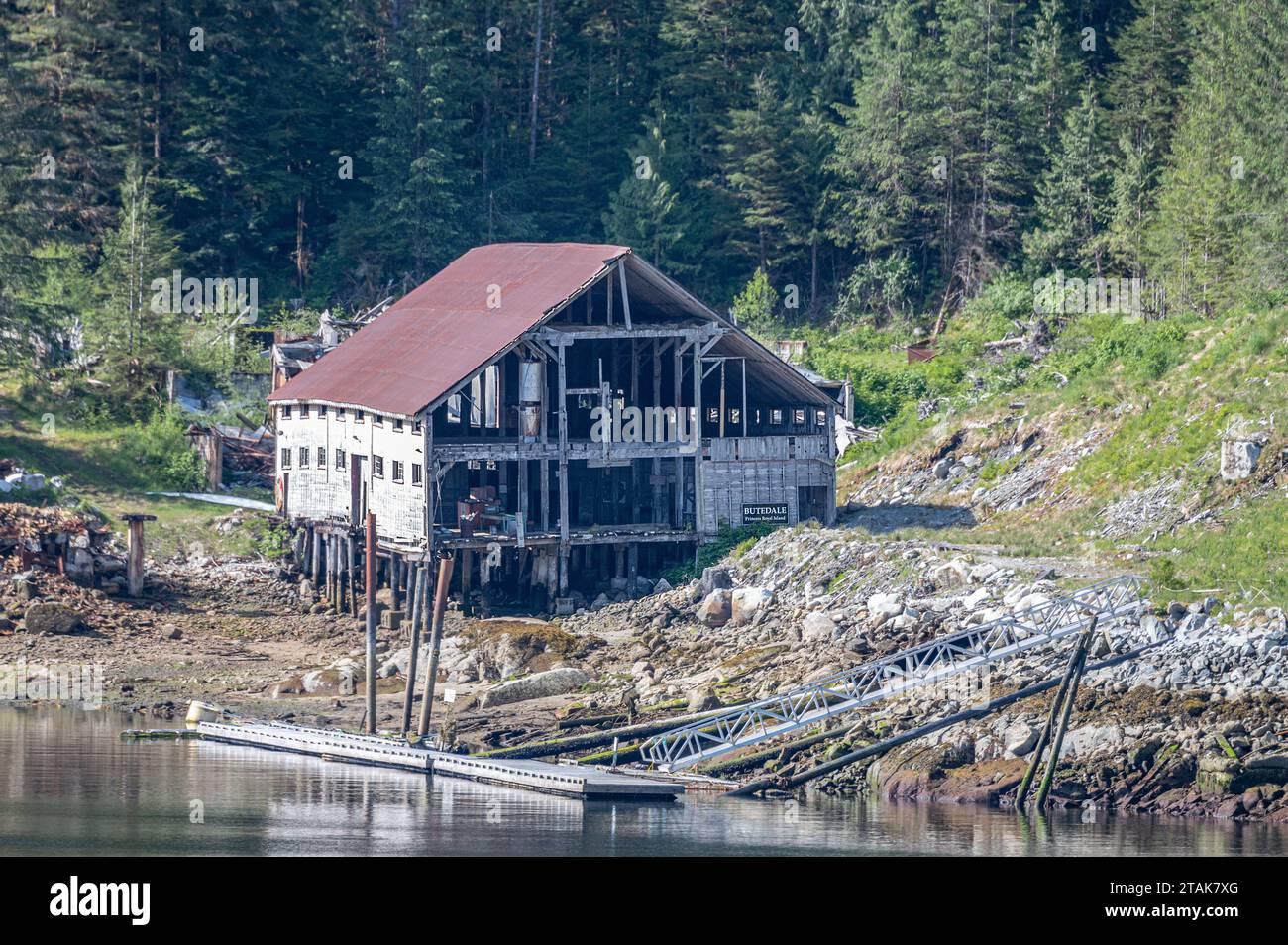 Derelict building at Butedale ghost town on Princess Royal Island ...