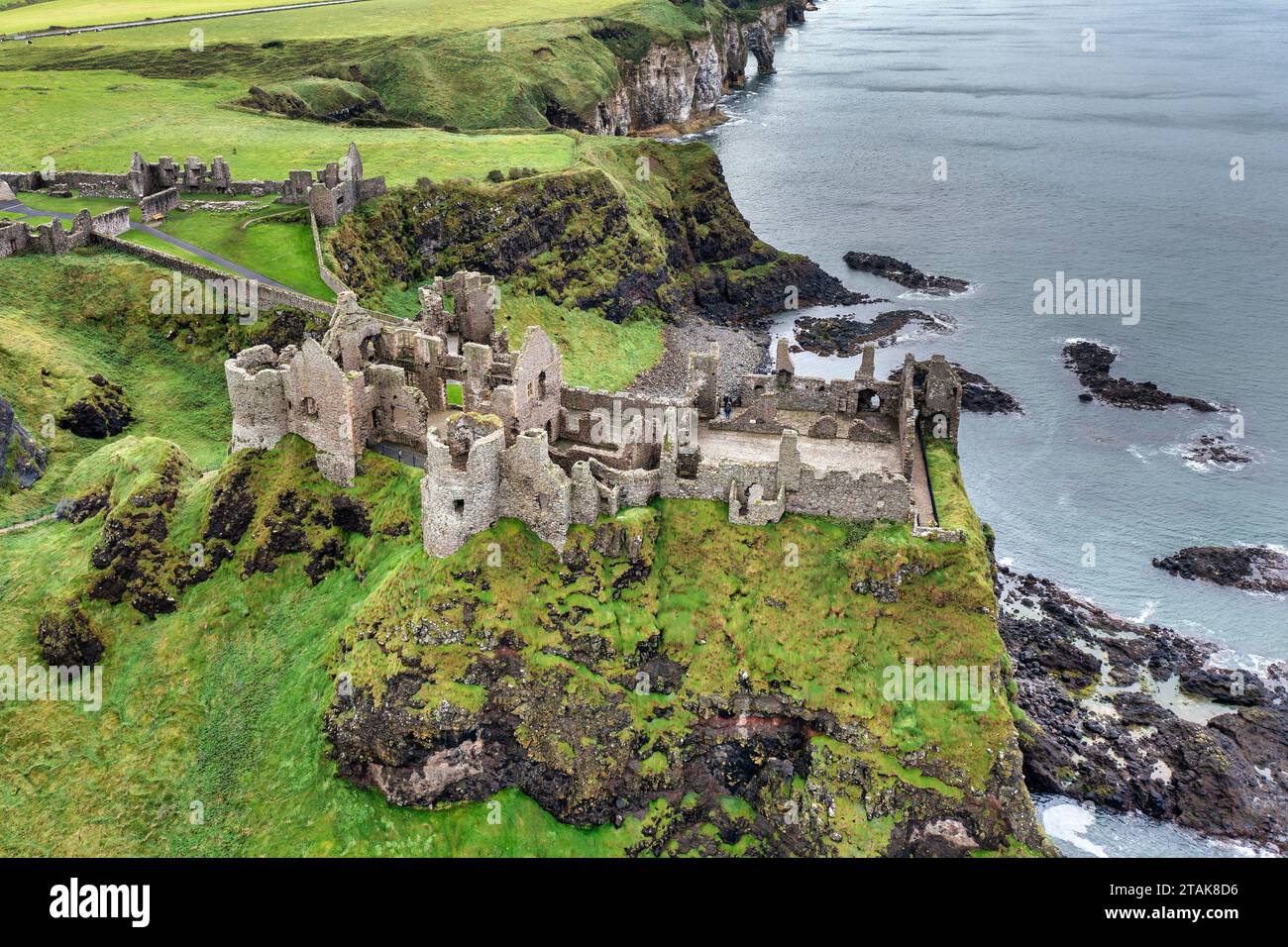 Aerial view of Dunluce Castle, a medieval castle in Northern Ireland ...