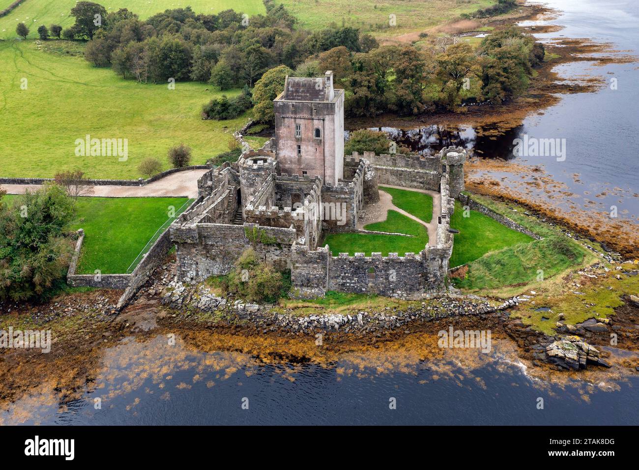 Aerial view of Doe Castle along the The Wild Atlantic Way in County ...