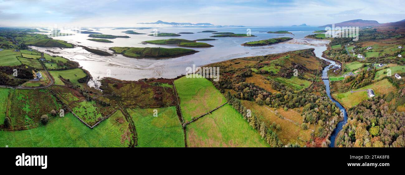 Aerial panoramic view of the landscape and islands that dot Clew Bay ...