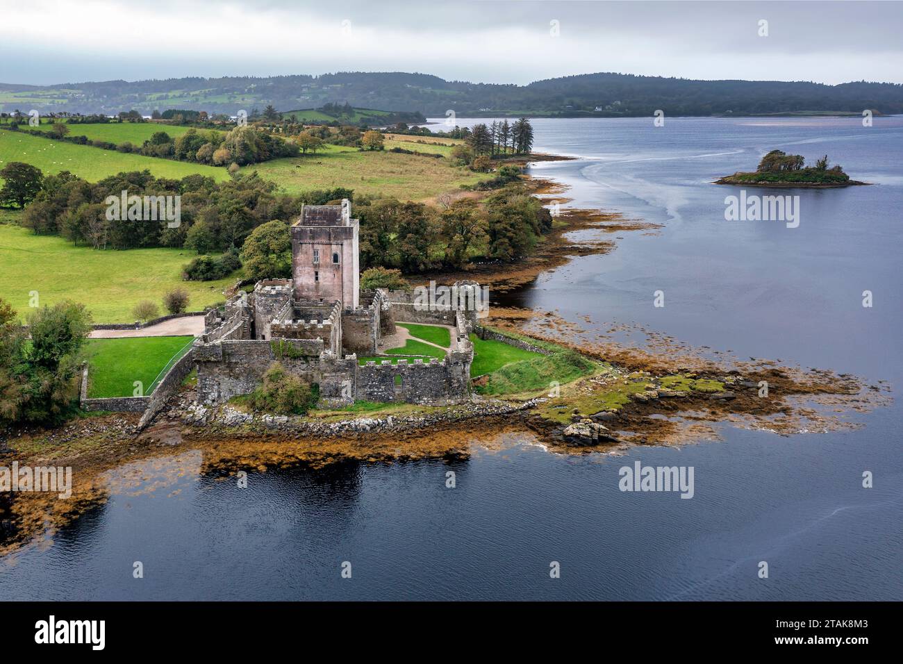 Aerial view of Doe Castle along the The Wild Atlantic Way in County ...