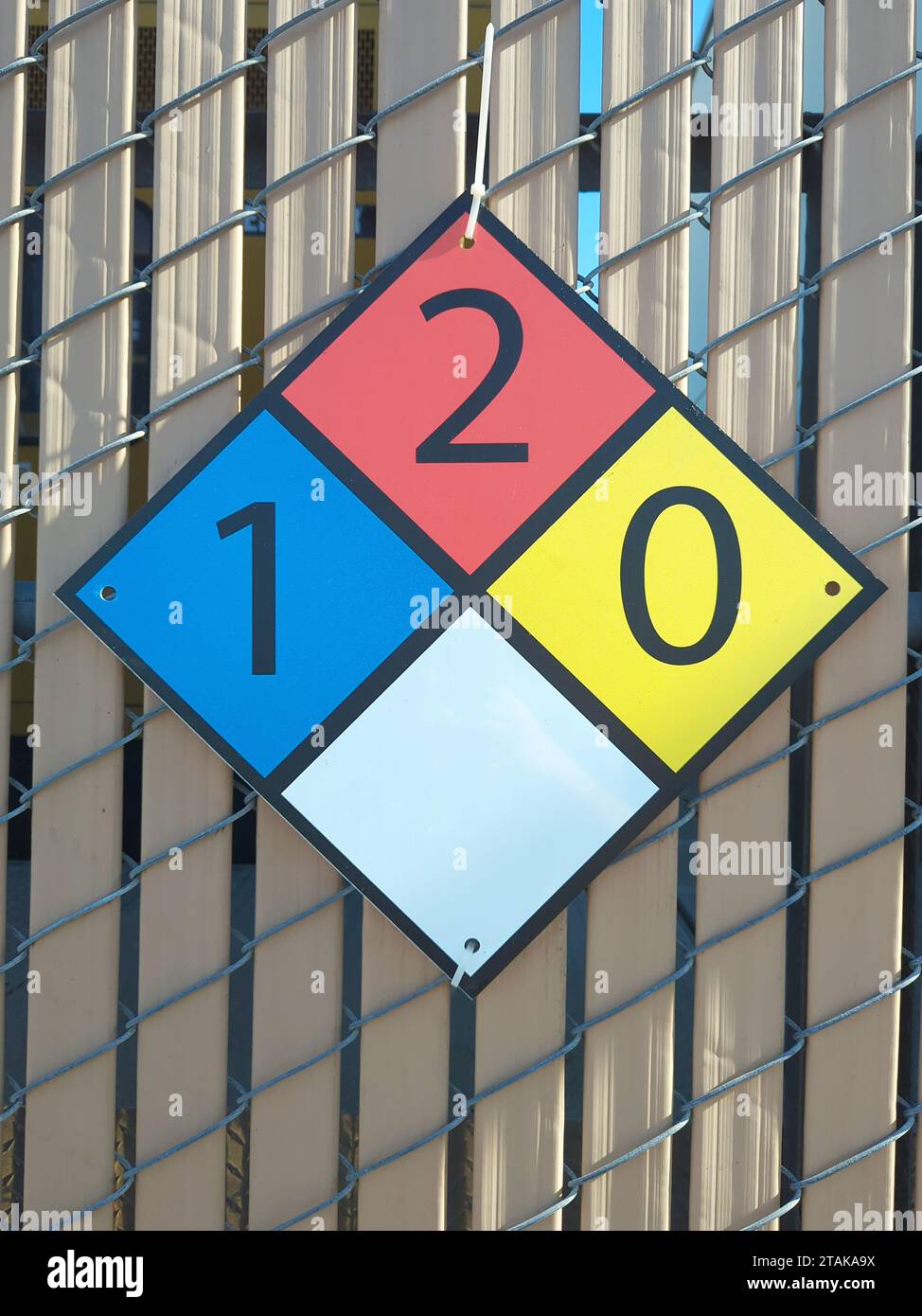 Diamond shaped NFPA panel identifying hazardous chemicals inside fenced ...