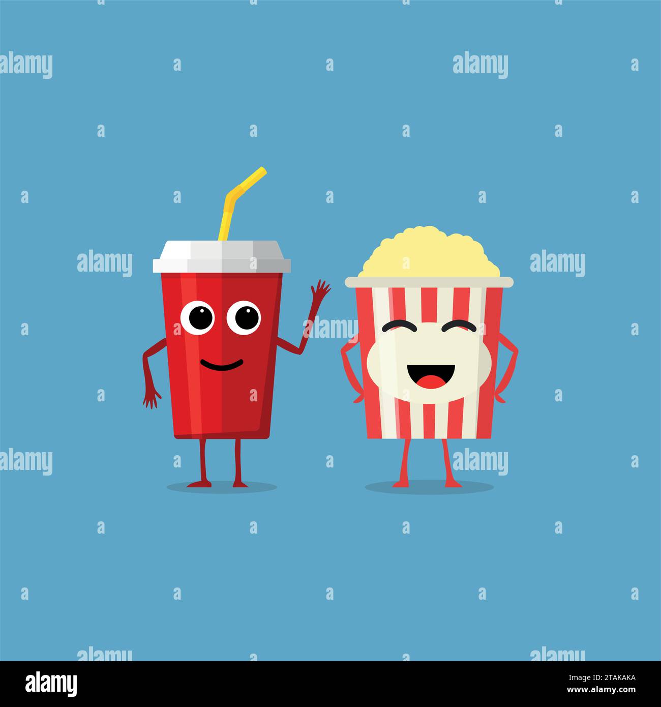 Popcorn striped bucket and cup of soda characters with smiling human ...
