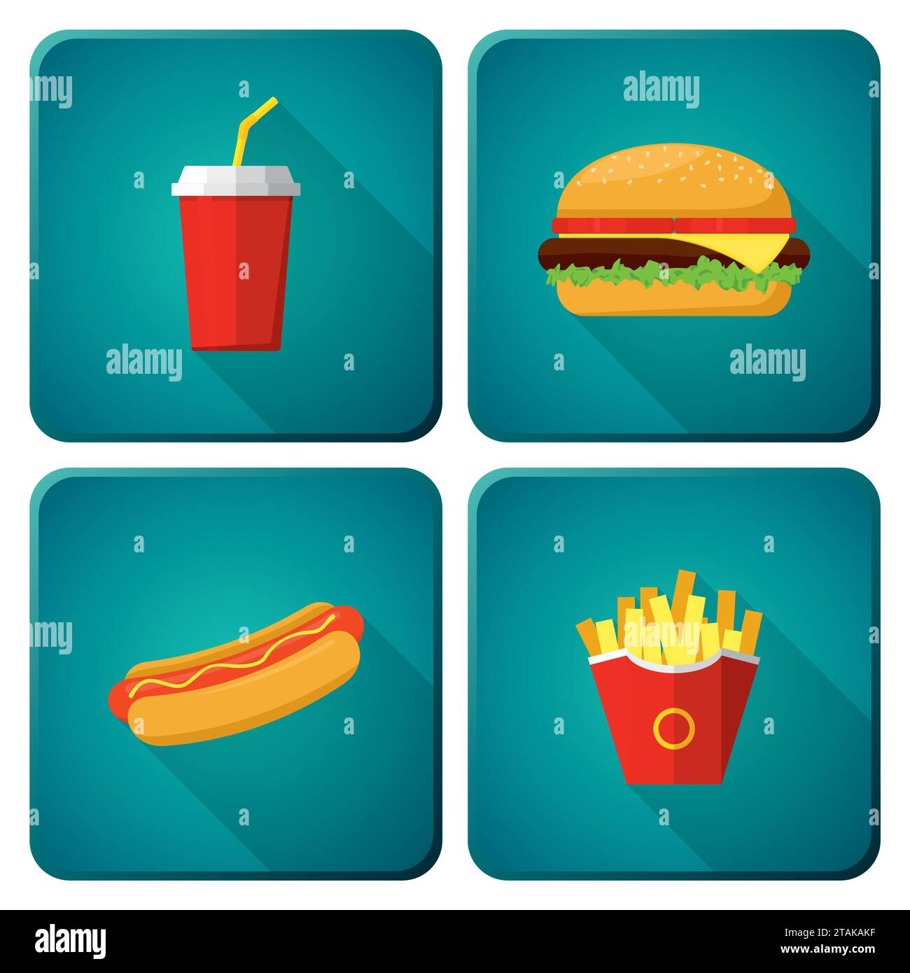 Icons set lunch with Hamburger, Hot Dog, French Fries and Soda. Group ...