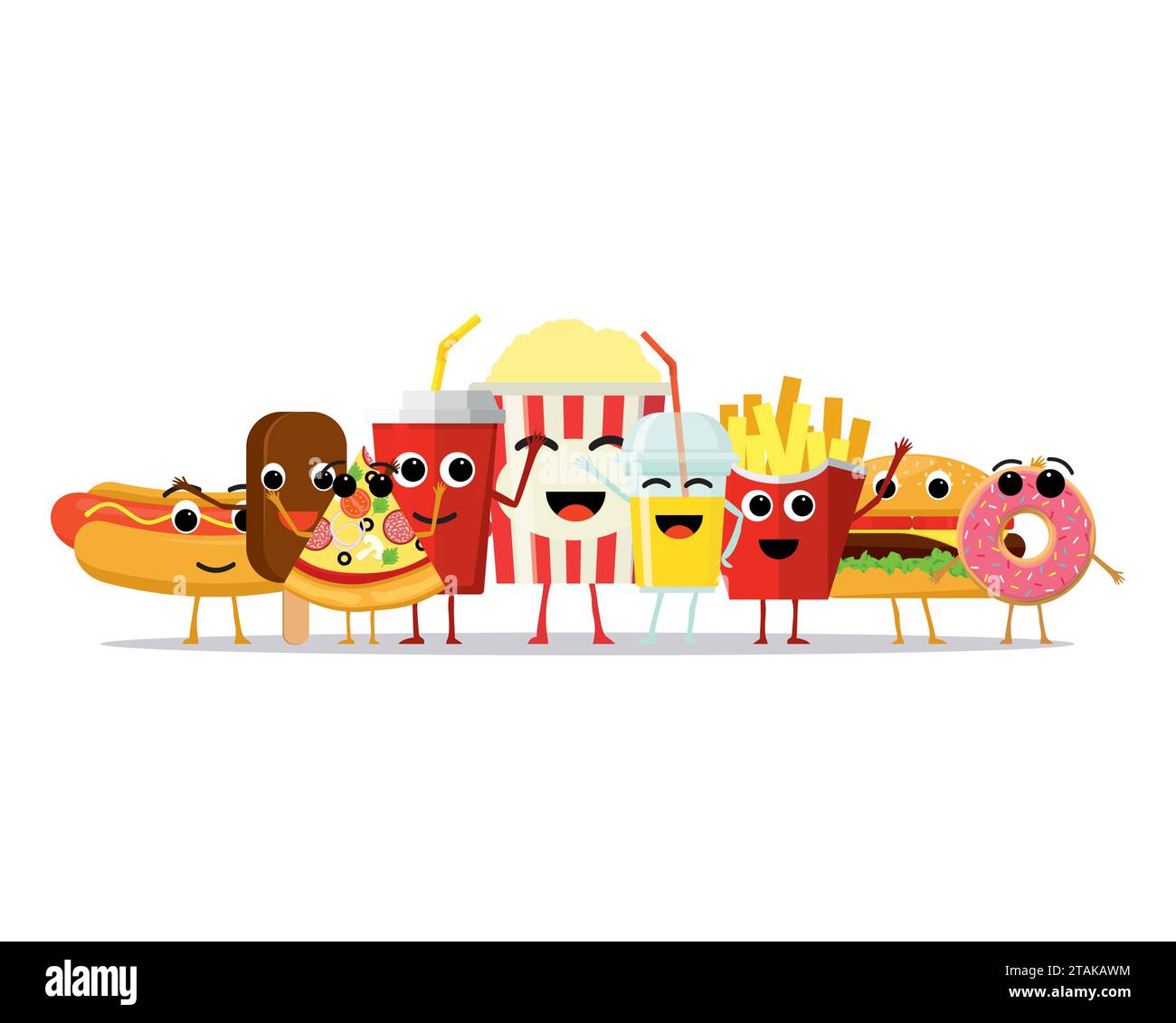 Funny fast food characters isolated on white background. Happy smile ...