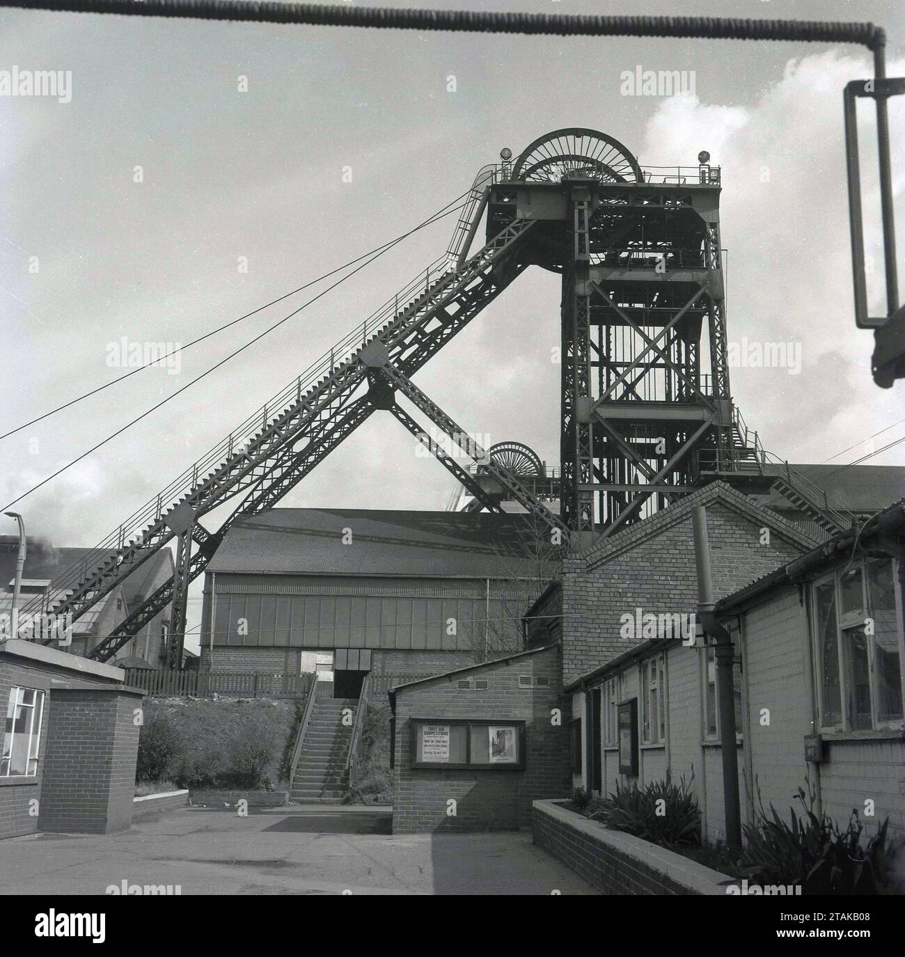 1970s, historical, shaft mining, picture shows a headframe or winding ...