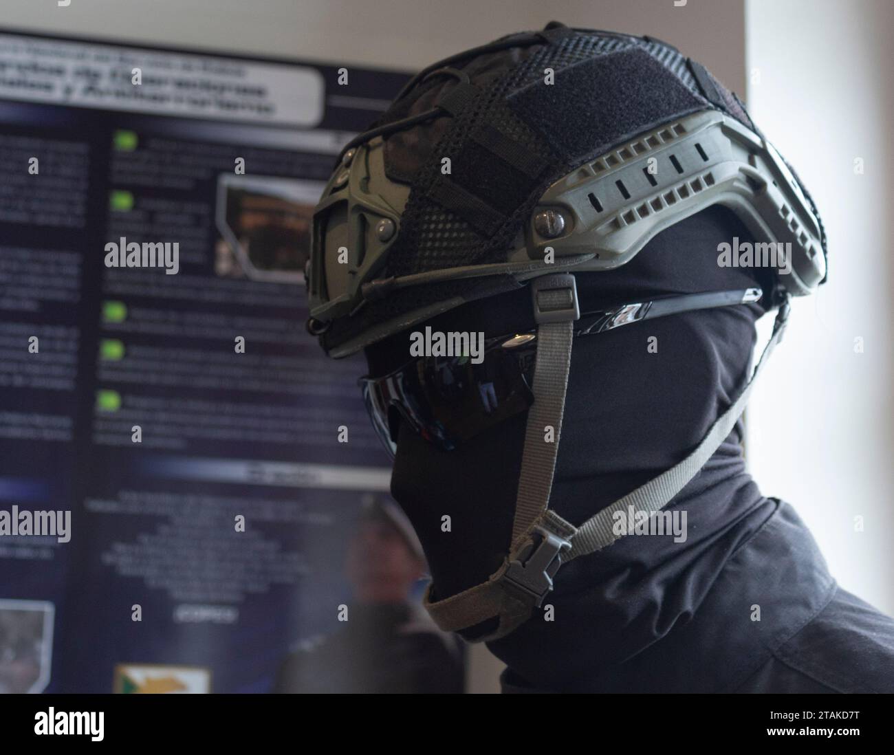 Closeup to a COPES colombian police special unit tactical helmet and ...