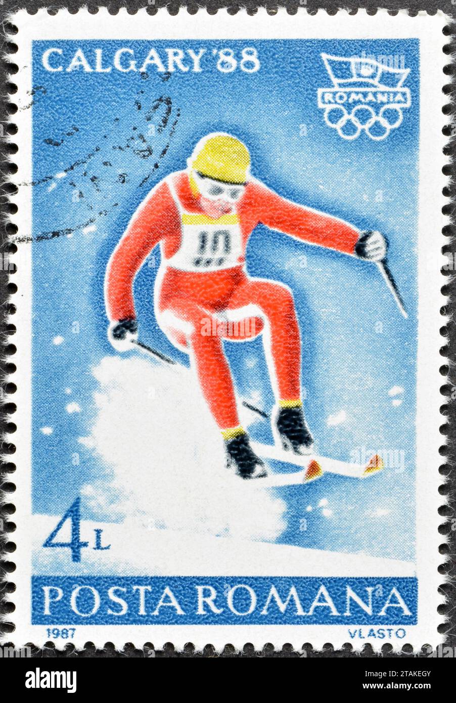 Cancelled postage stamp printed by Romania, that shows Alpine Skiing ...