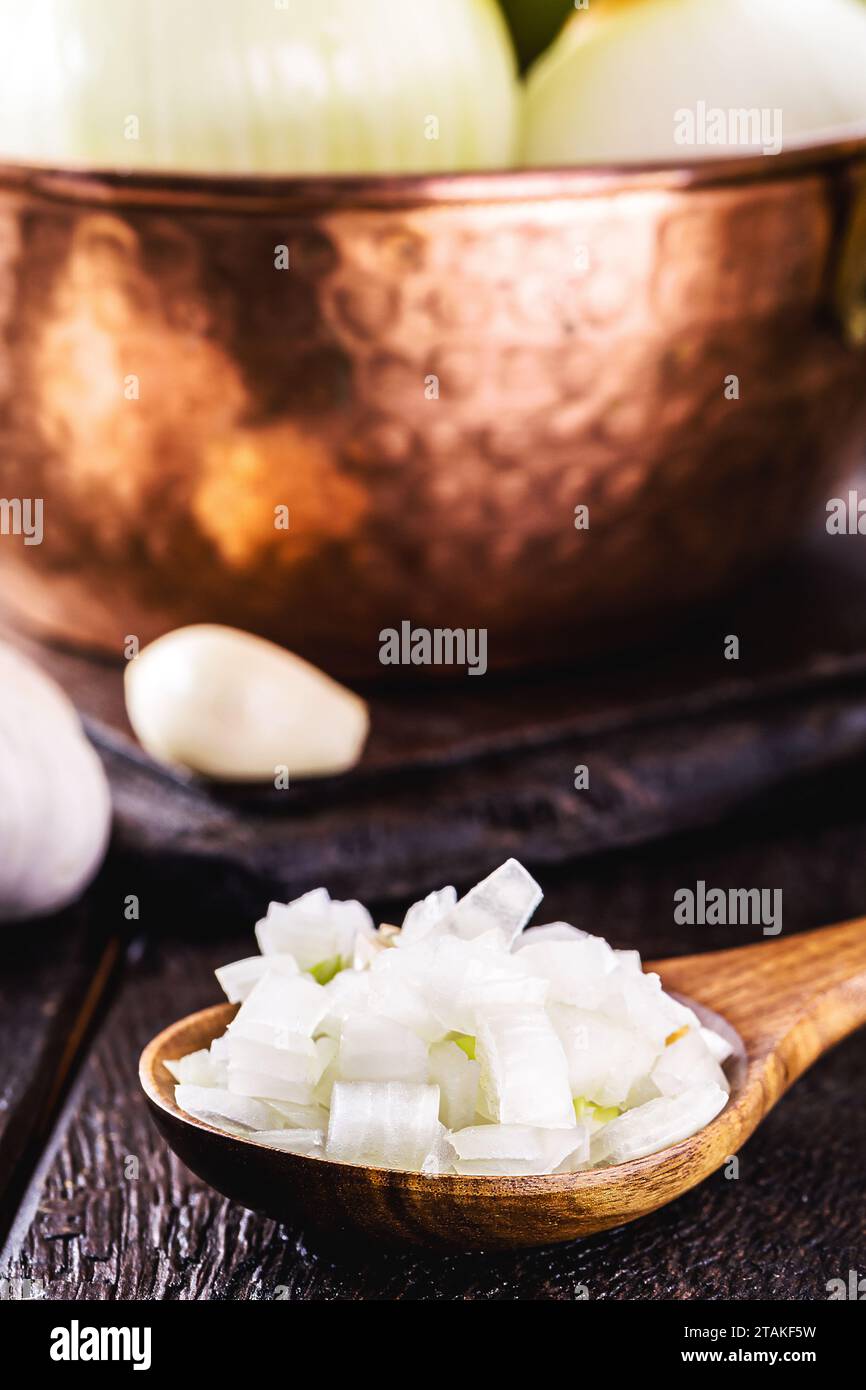 large onions in copper pot, with garlic clove and grinder beside ...
