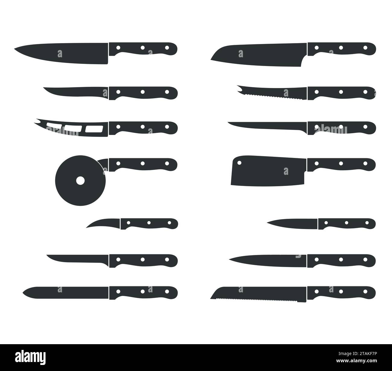 Set of steel kitchen knives icons carving, paring, and utility sharp ...