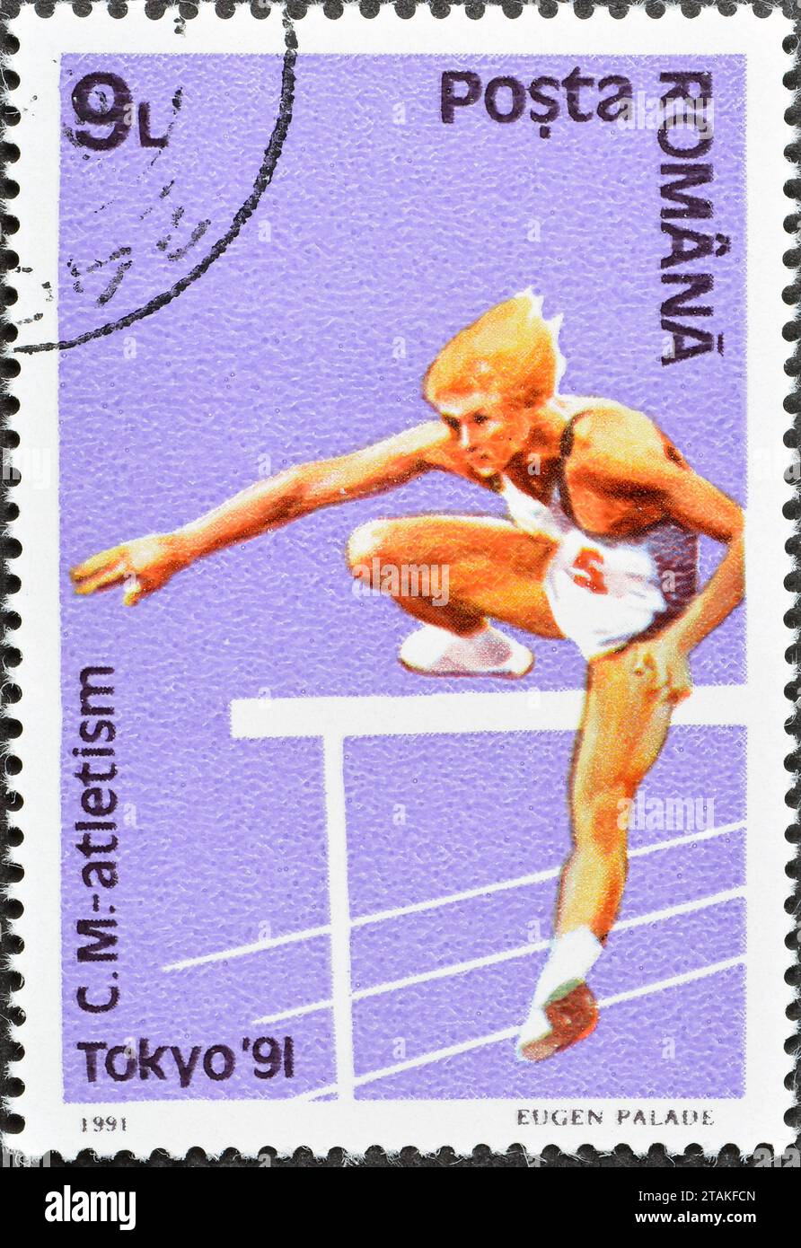Cancelled postage stamp printed by Romania, that shows Hurdles, World ...