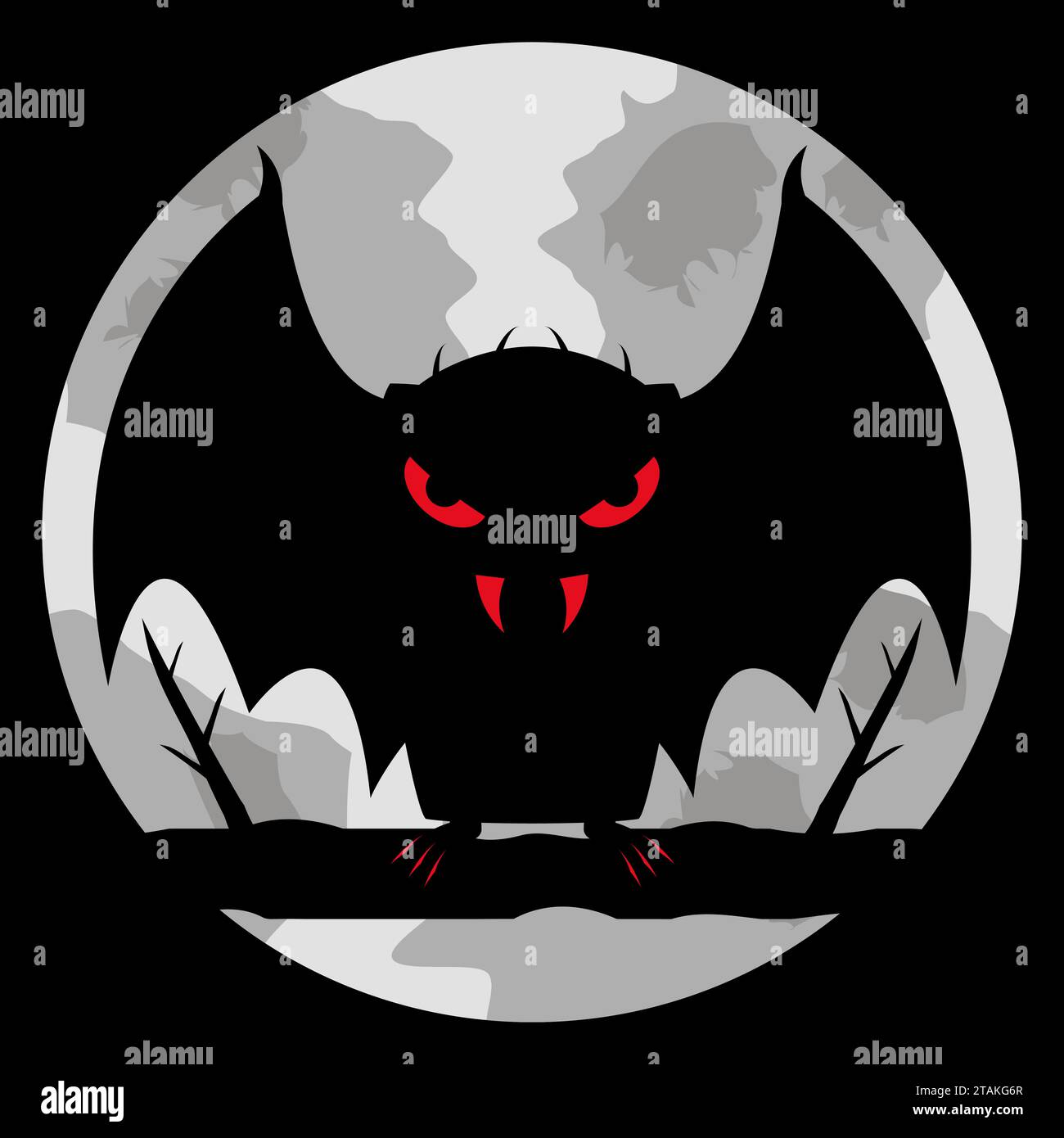 Vampire bat with bloody eyes, fangs and claws on a pale moon background ...