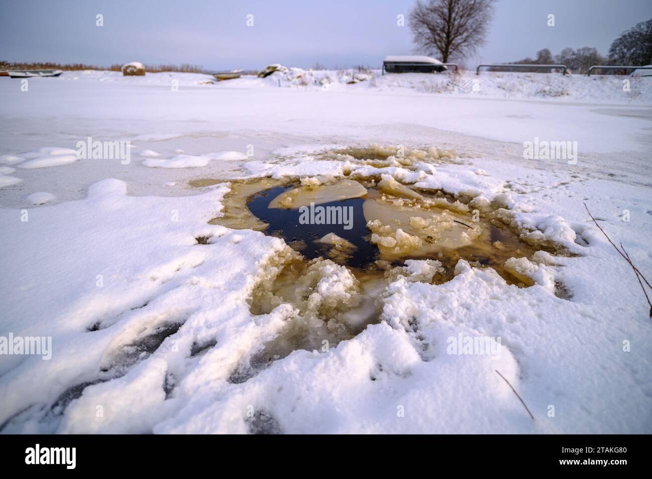 Hole in the thin ice. Someone fell through the ice. Dangerous concept ...