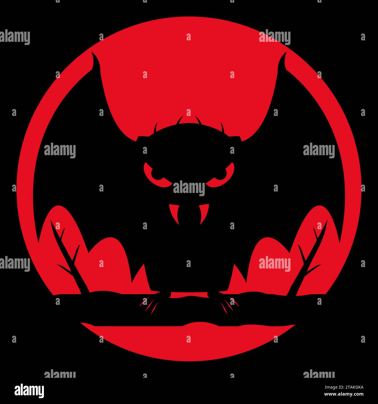 Vampire bat with bloody eyes and fangs on a background of the red moon ...