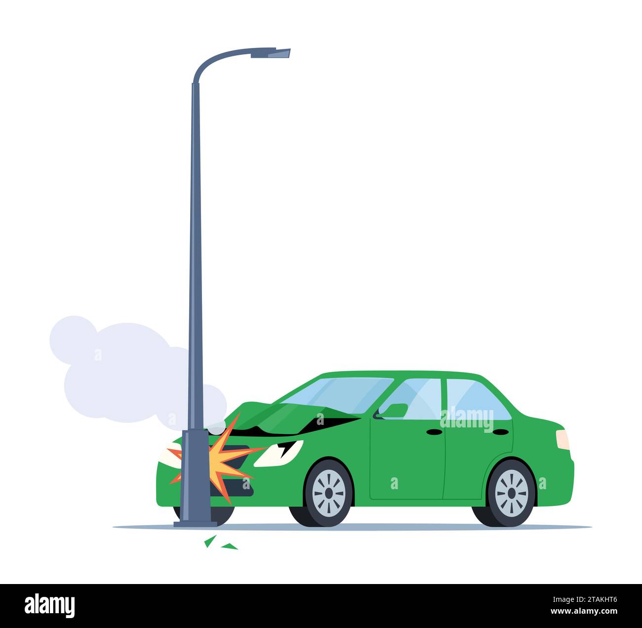 Car accident. Damaged transport on the road. Car crashed into a pole ...