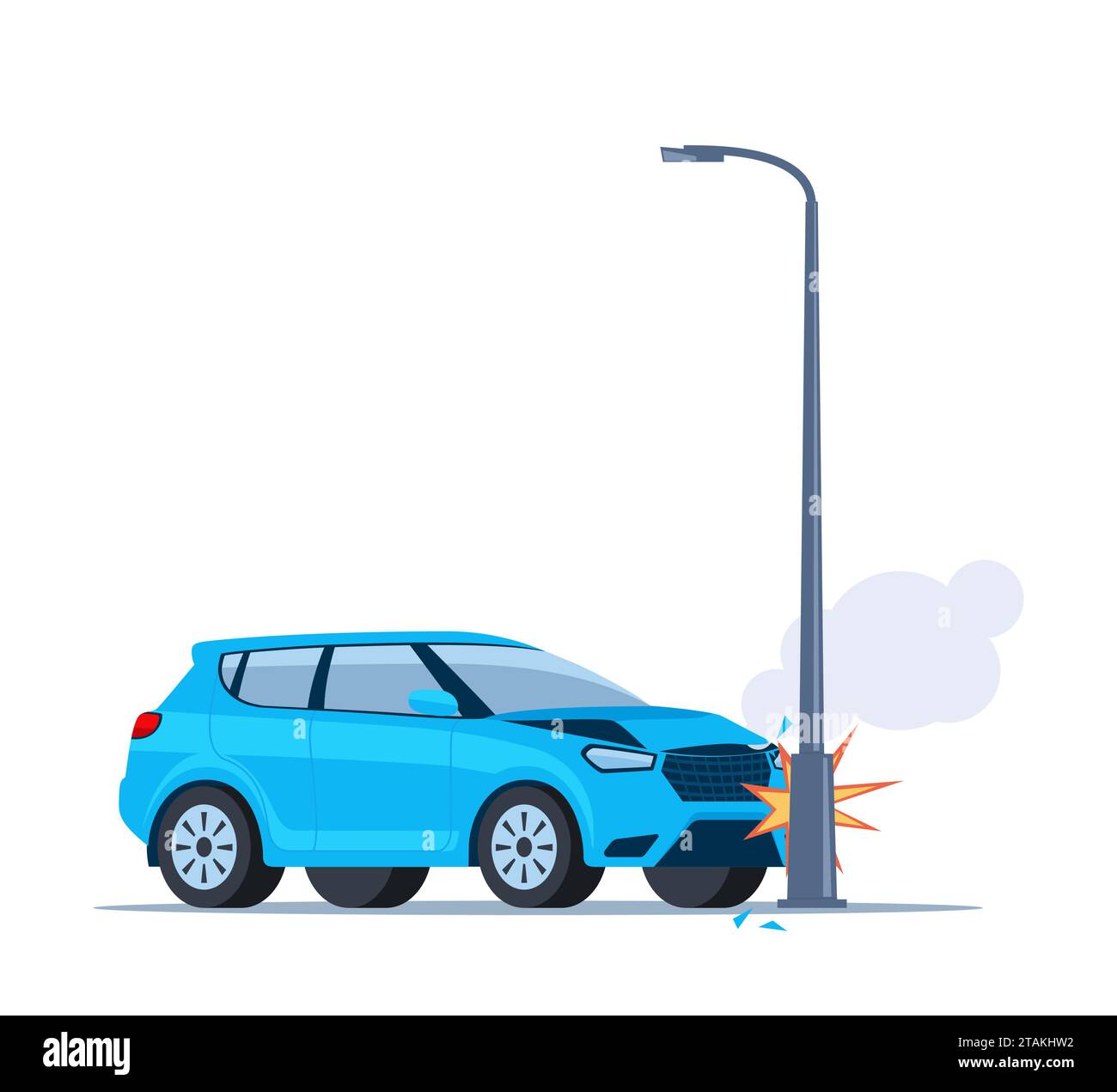 Car accident. Damaged transport on the road. Car crashed into a pole ...