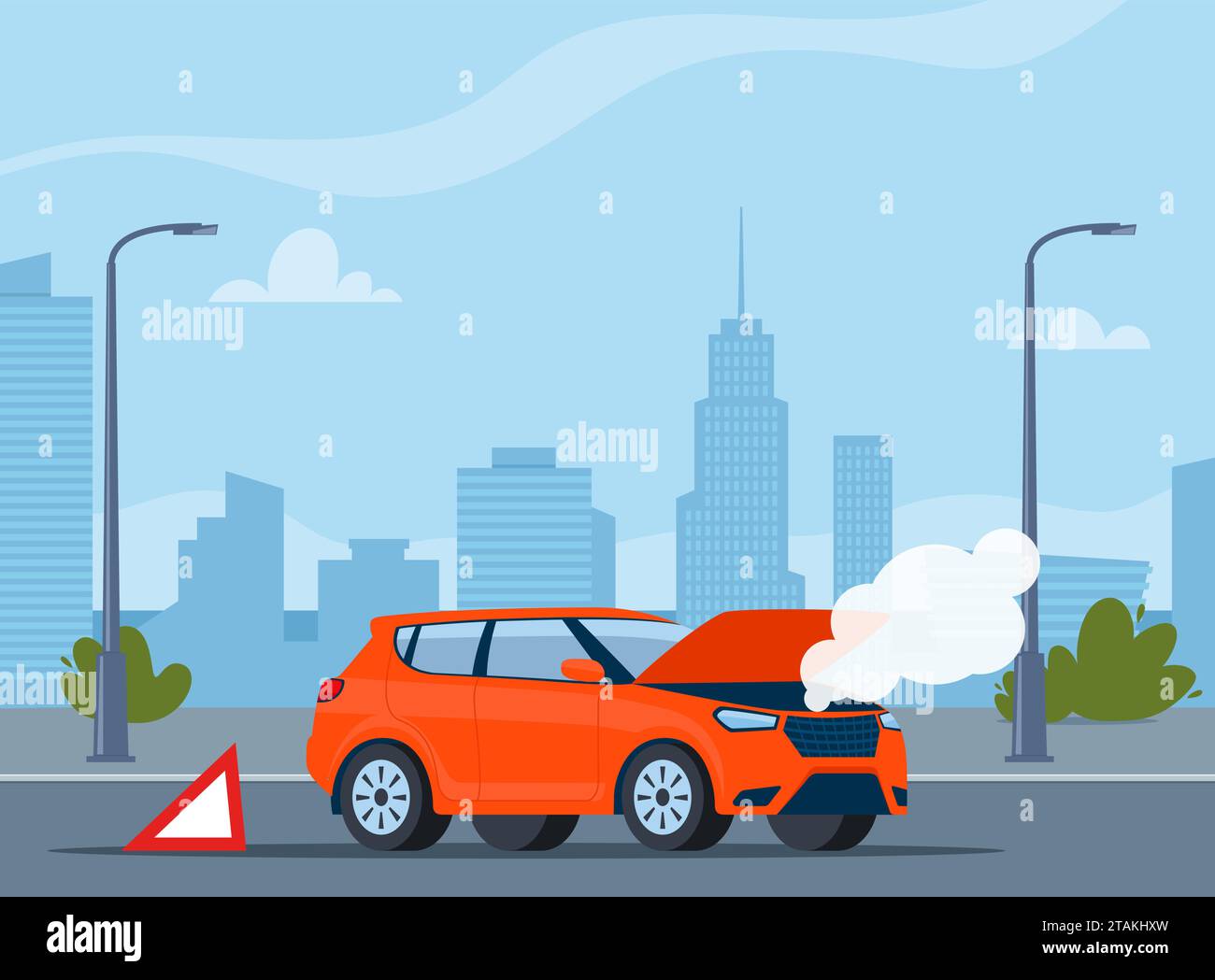 Car breakdown on the road emitting smoke with the hood open and warning ...