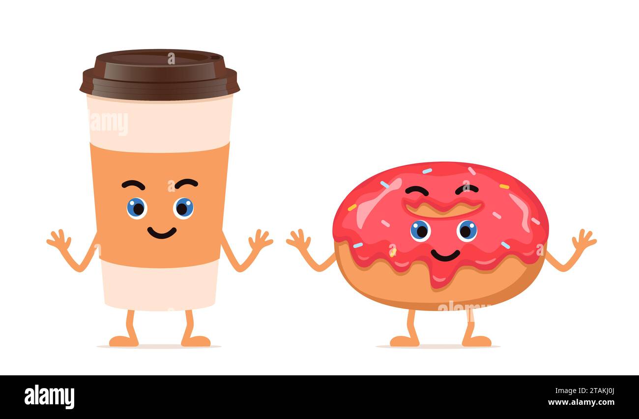 Donut and coffee, cute happy characters for menu, banner. Breakfast ...