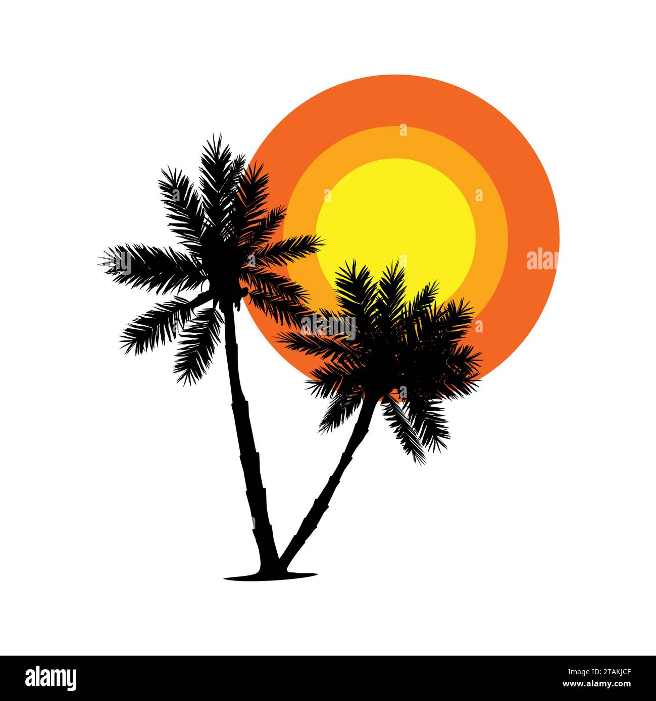Palm trees silhouette and sun in flat style isolated on white ...