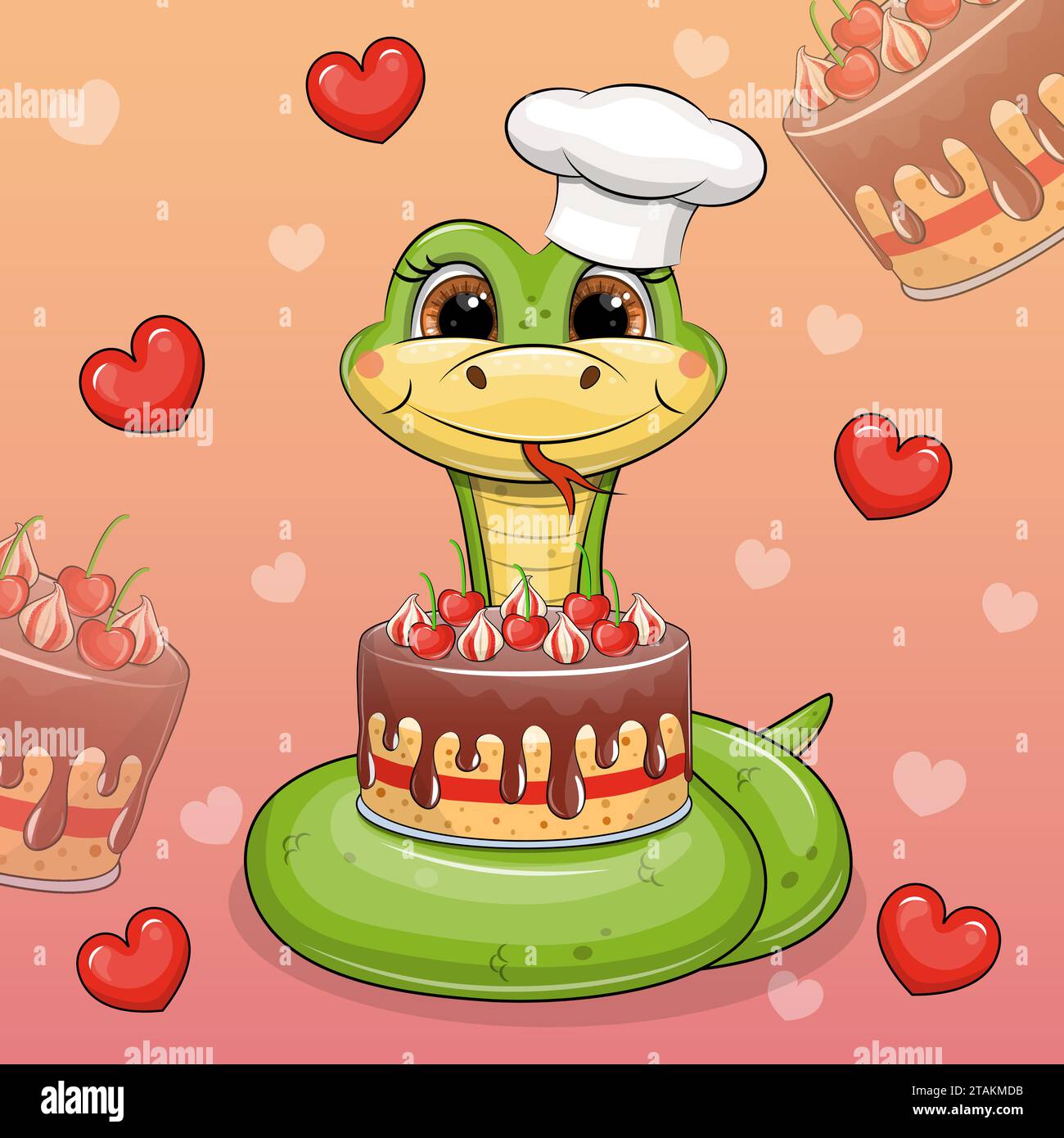 A cute cartoon chef snake in a chef's hat is holding a cake. Vector ...