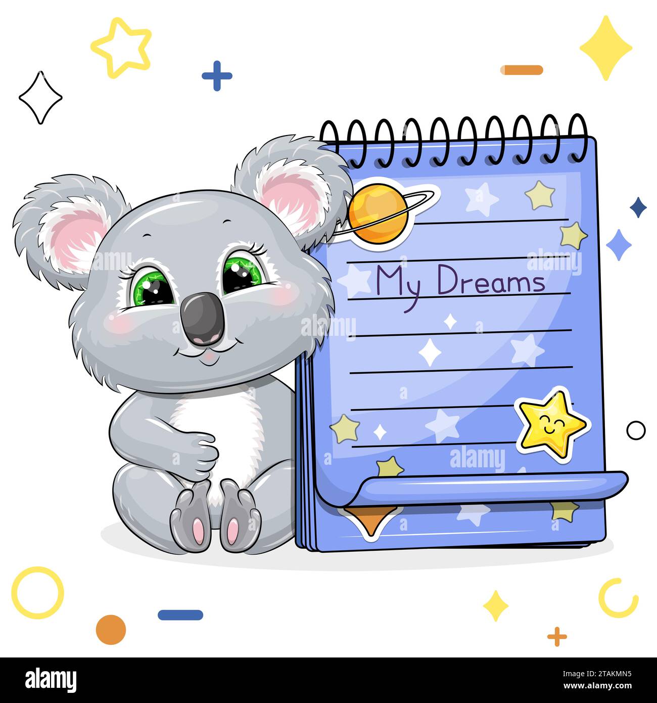 A cute cartoon koala and a blue notebook with stickers. Vector ...