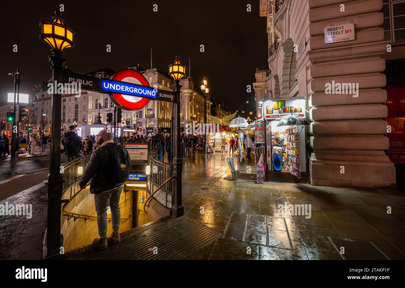 London, UK - Nov 20 2023: The entrance to Piccadilly Circus underground station at the junction ...