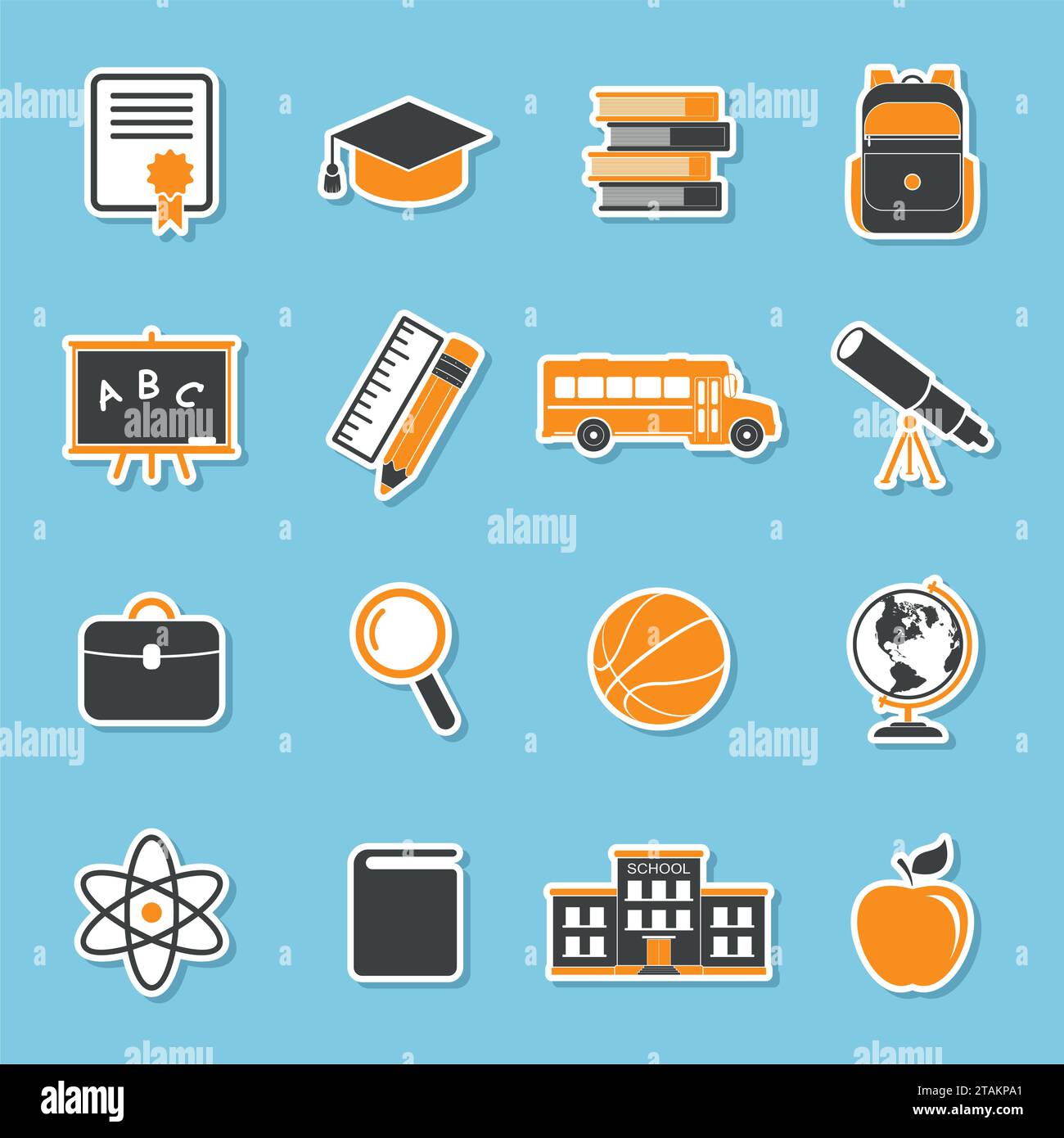 School icons stickers isolated on blue background. Education icons ...