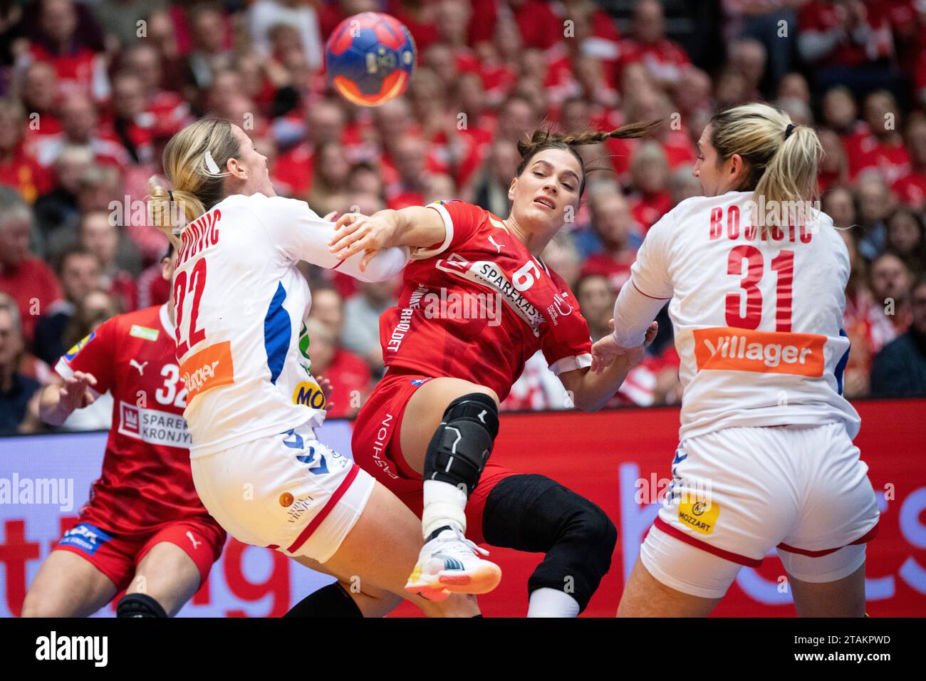 Denmark's Helena Elver in a match with Serbia's Jovana Jovovic and Katarina Bojicic during the ...