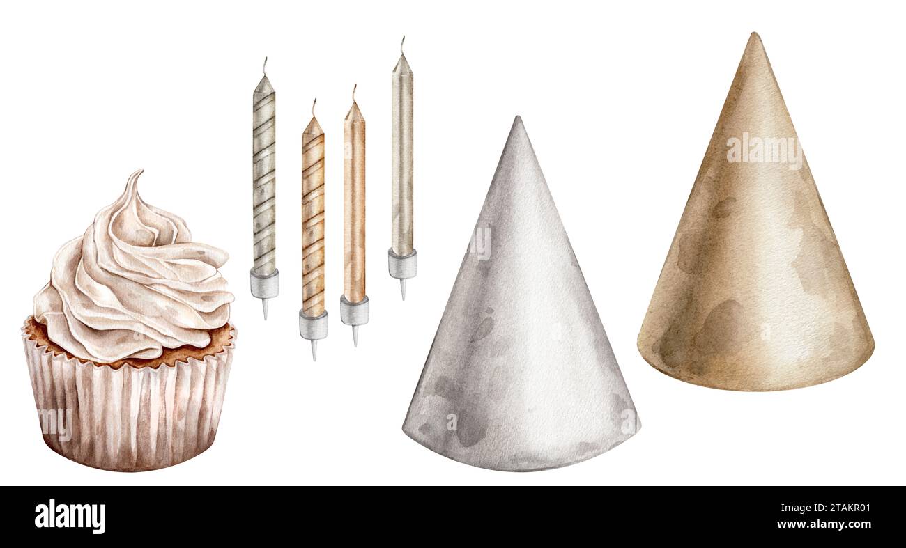 Watercolor set of Birthday party hats cap. Cupcake and Birthday Candles ...