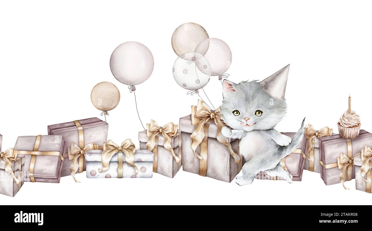 Seamless border with little fluffy gray kitten in cap and air balloon ...