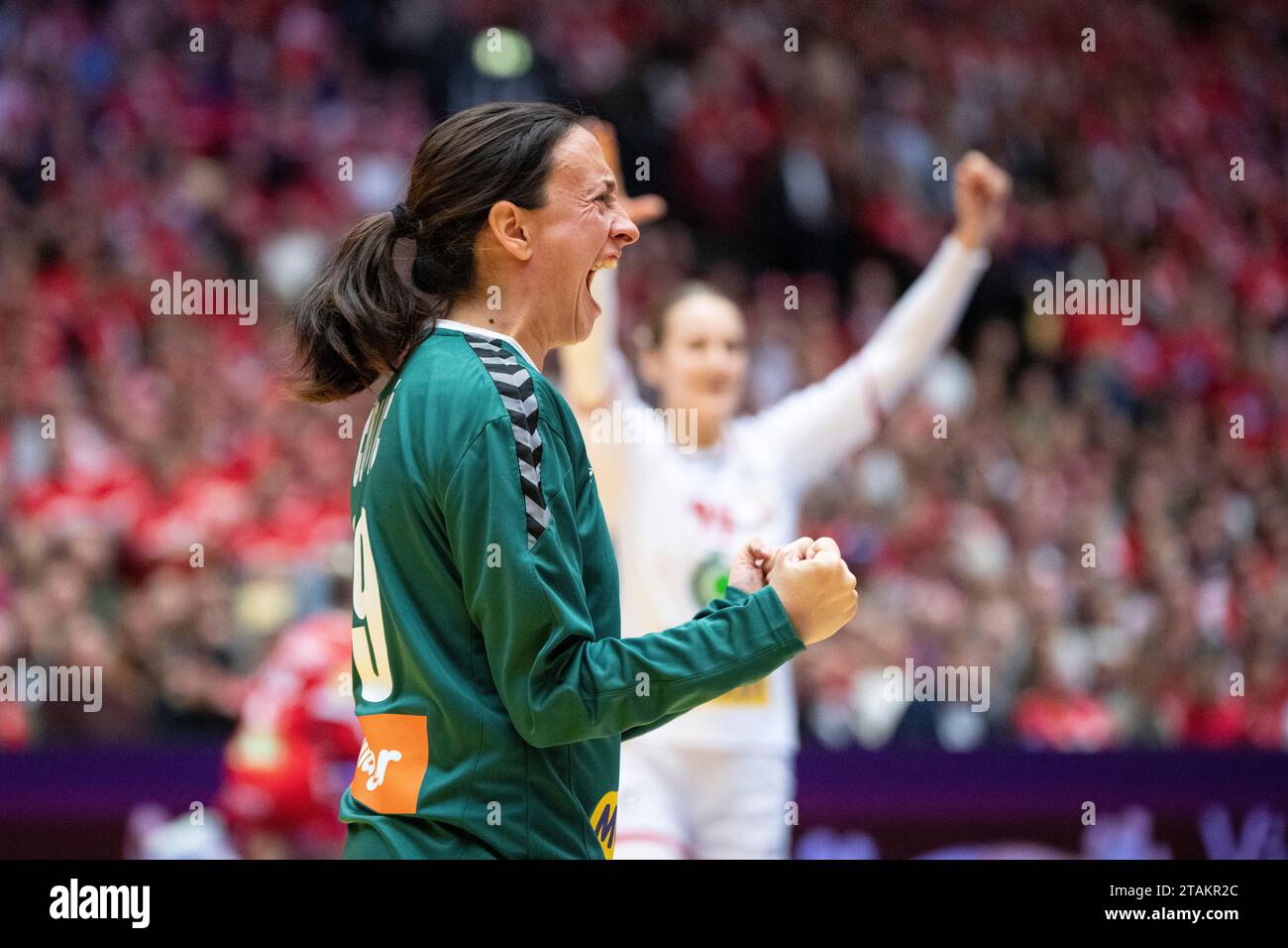 Serbia's goalkeeper Marija Colic reacts after a save during the World Cup match between Denmark ...