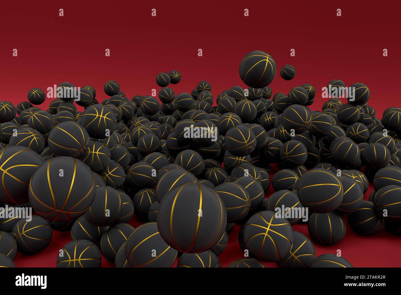 Many of flying black basketball ball falling on red background. 3d ...