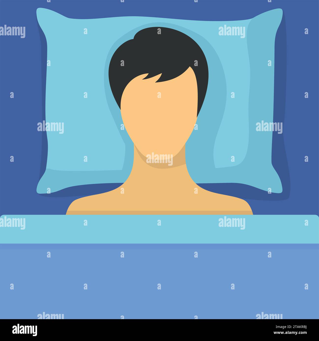 Man sleeping in bed. Sleeping man lying on a pillow and dreaming at night. Vector illustration ...
